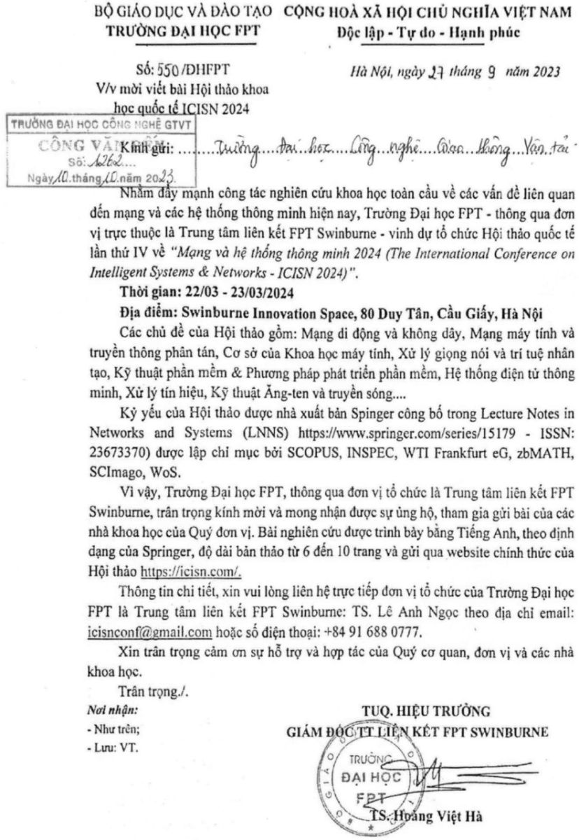 Thư Mời Viết Bài Hội Thảo Khoa Học Quốc Tế Icisn 2024